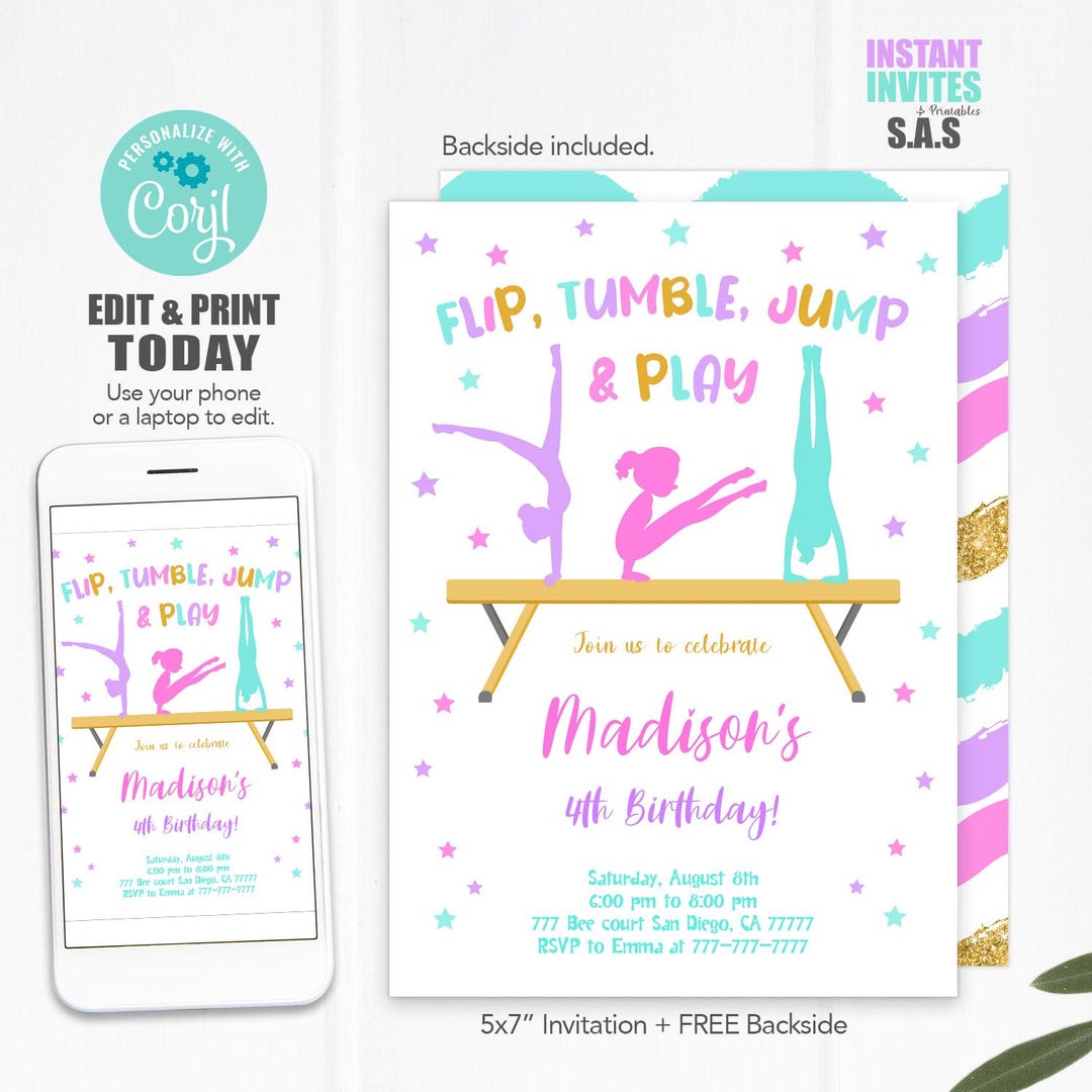 Colorful Gymnastics Invitation, Gymnastics Birthday Invites, Instant ...