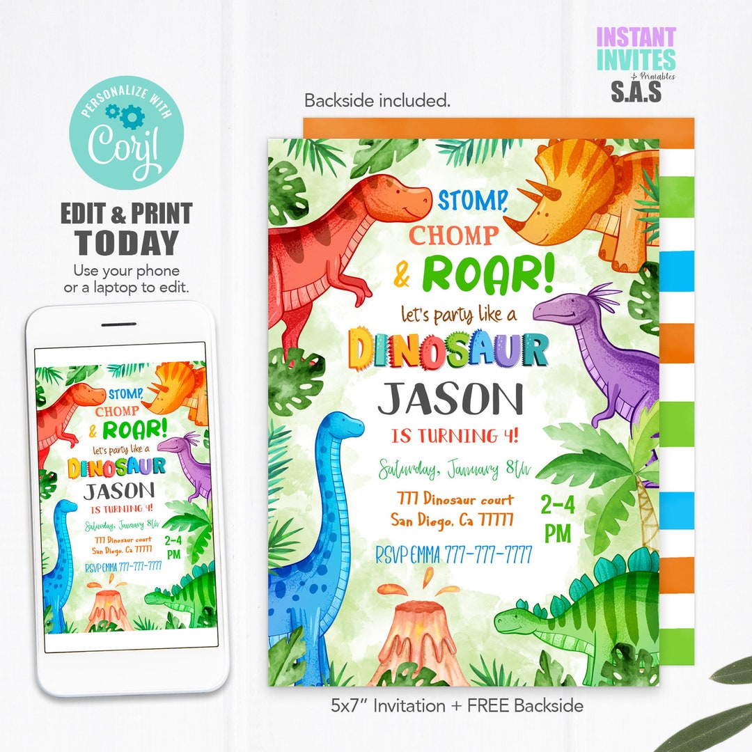 Colorful Dinosaur Invitation, Dinosaur Invites, Instant Download ...