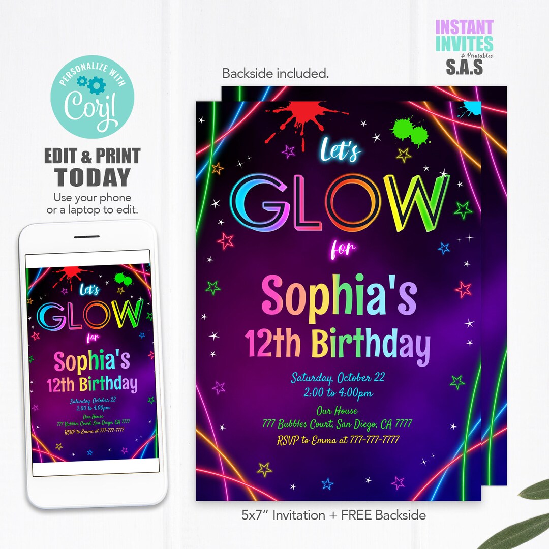 Glow Party Invitation Printable, Girl Neon in the Dark Glow Invite ...