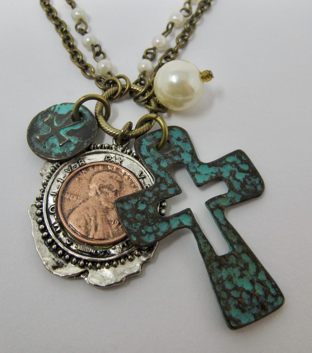 Rosary Chain Charm Necklace With 1971 Penny, Verdigris Cutout Cross ...