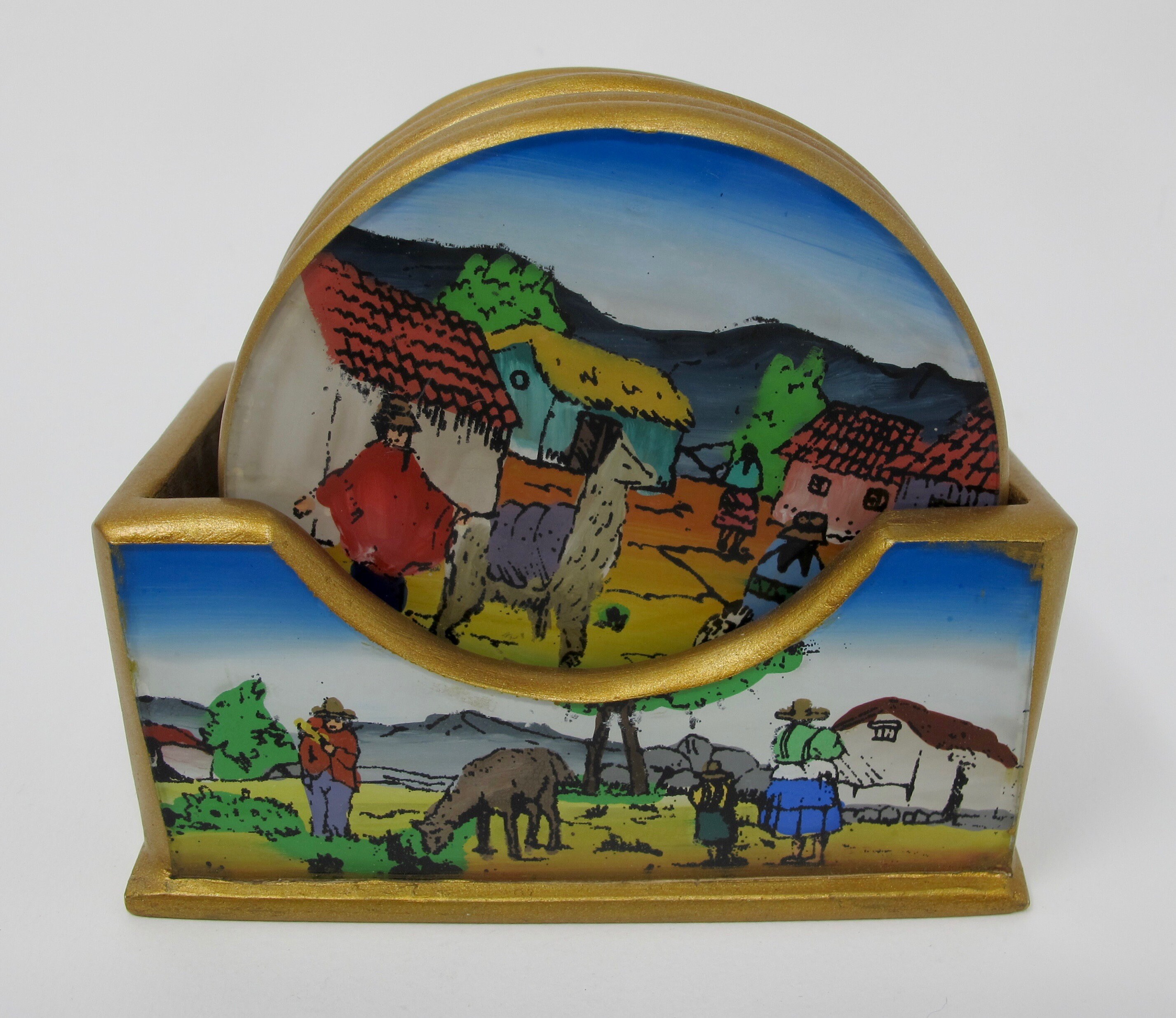Peru Reverse-painted Glass & Wood Village Scene Coasters (set of 6 With ...