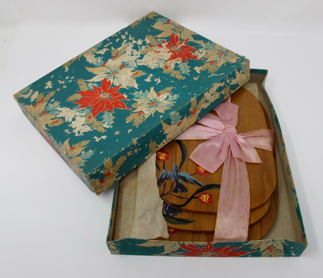 3 Hand-painted Wooden Cocktail Trays in 1950s Gift Box - Etsy