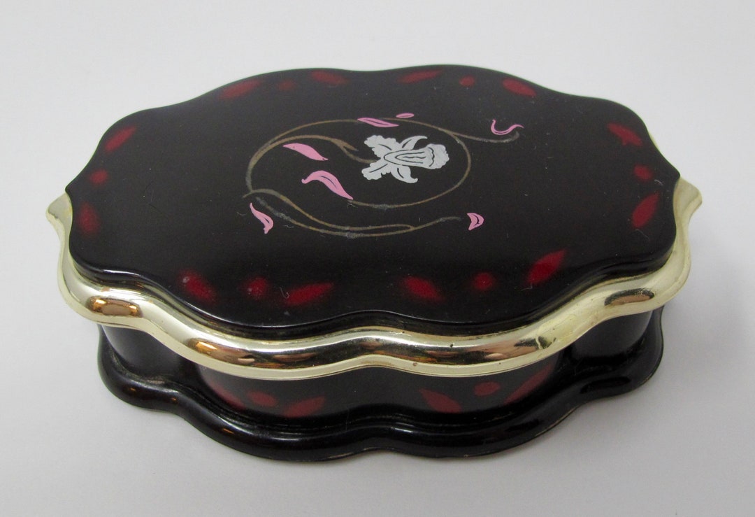 1960s Miniature Black Plastic Lacquer Jewelry Box With Iris Floral ...