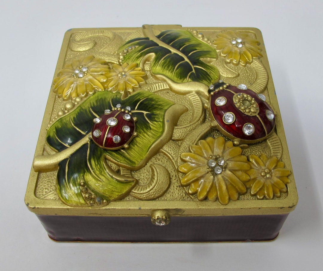 Vintage Red & Gold Square Rhinestone Ladybug Trinket Box With Black ...