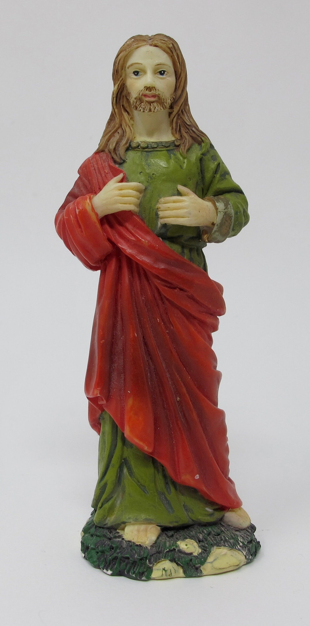 5" Stone Resin Jesus Christ Christian Figurine With Red & Green Robes ...