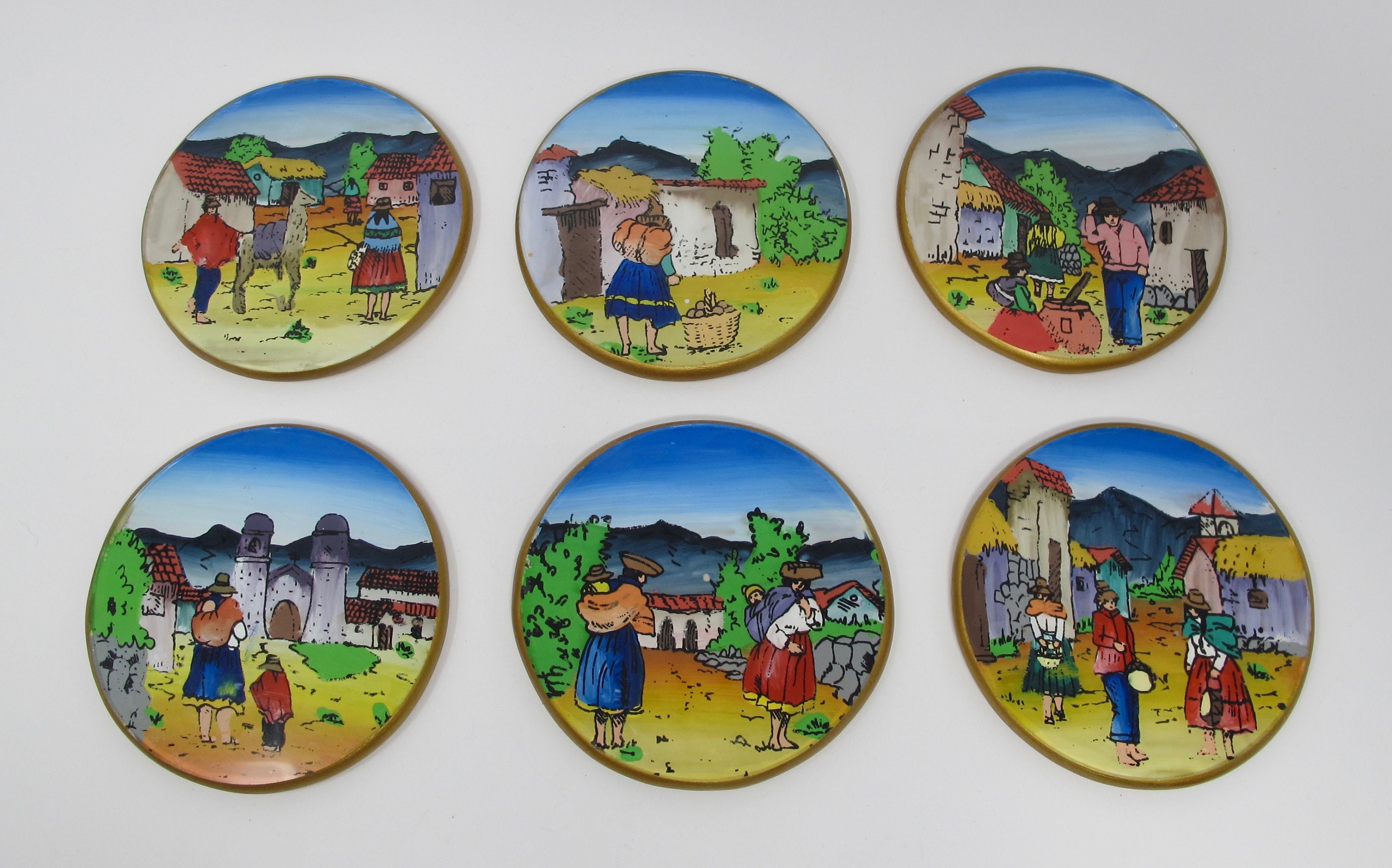 Peru Reverse-painted Glass & Wood Village Scene Coasters (set of 6 With ...
