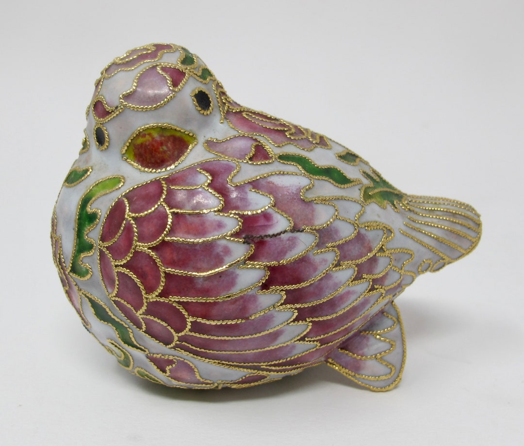 Pink, Green & White Cloisonne Champleve Bird Figurine With Rose Pattern ...