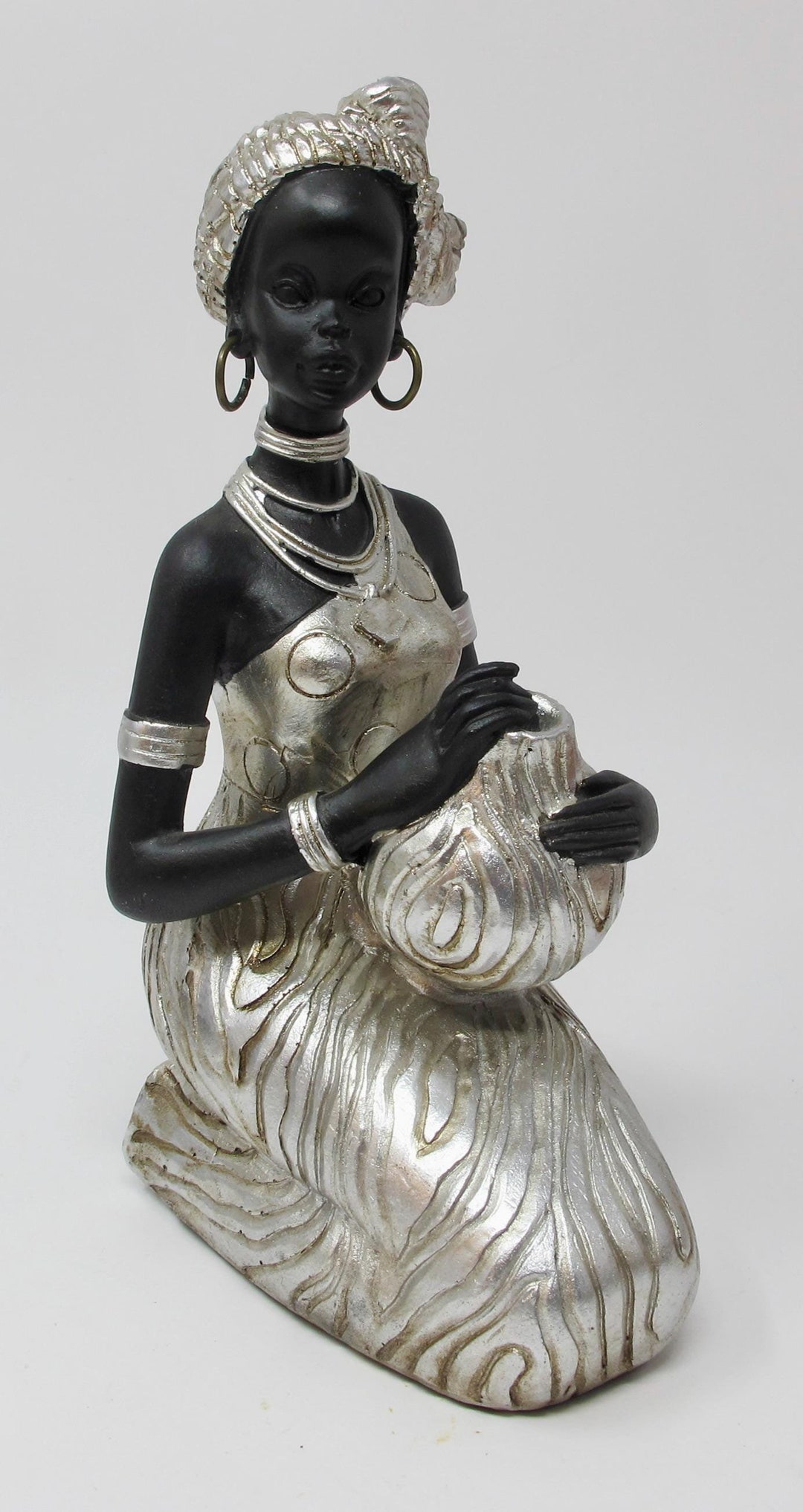 Black & Silver African Lady With Gourd Jug Figurine - Etsy