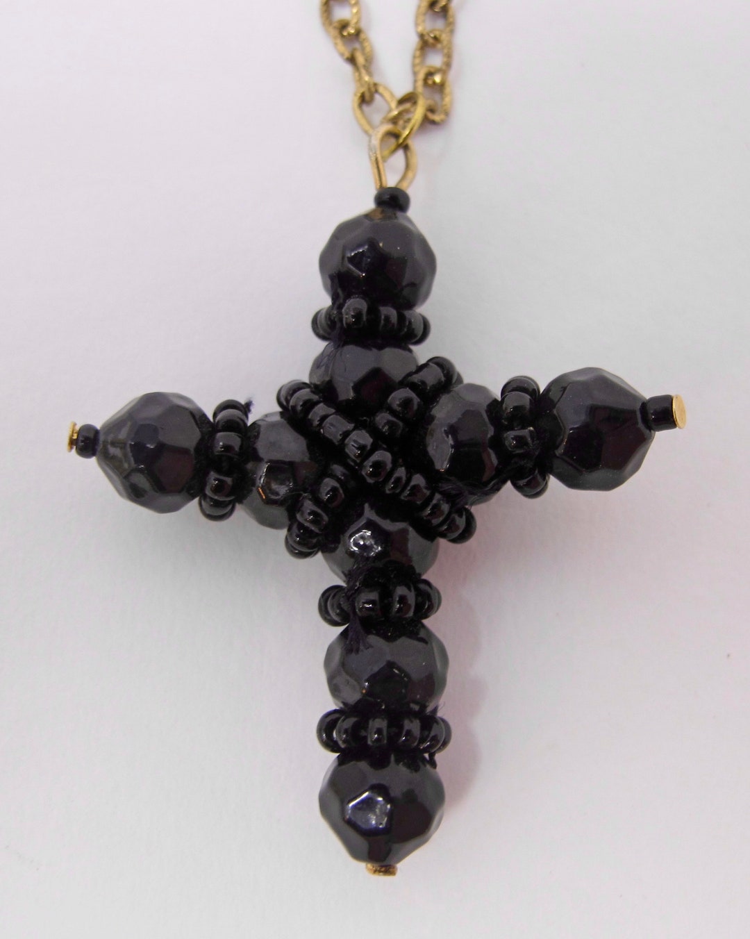 Black Hand-beaded French Jet Cross Necklace - Etsy