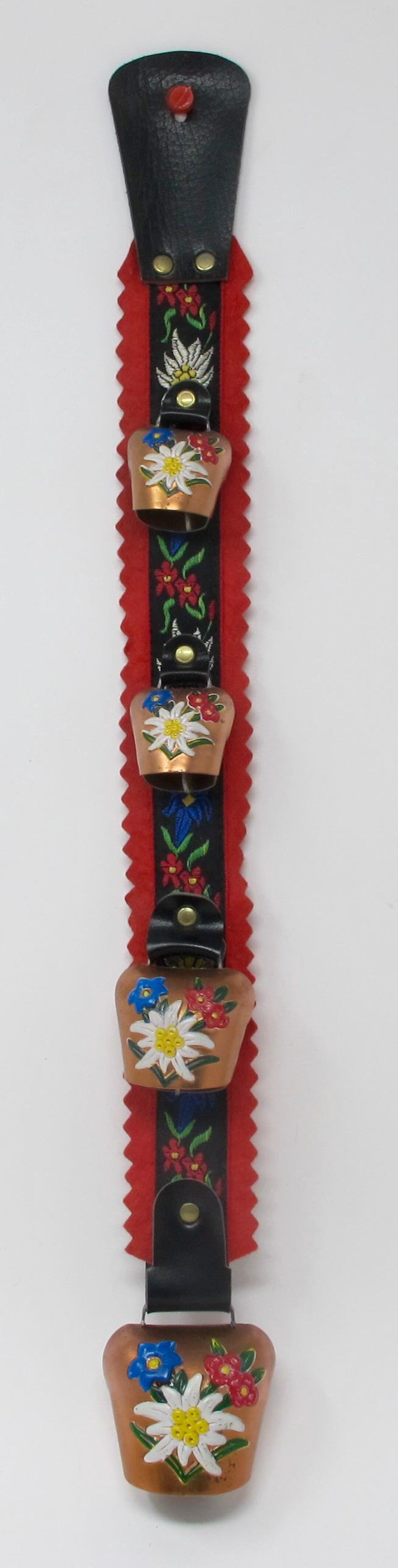 Hand-painted Swiss Edelweiss Copper Cow Bells 4-bell Hanging Strap ...
