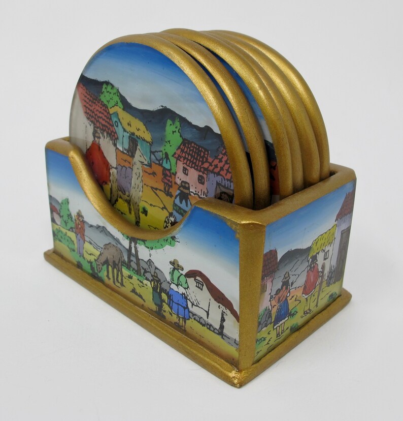 Peru Reverse-painted Glass & Wood Village Scene Coasters set - Etsy