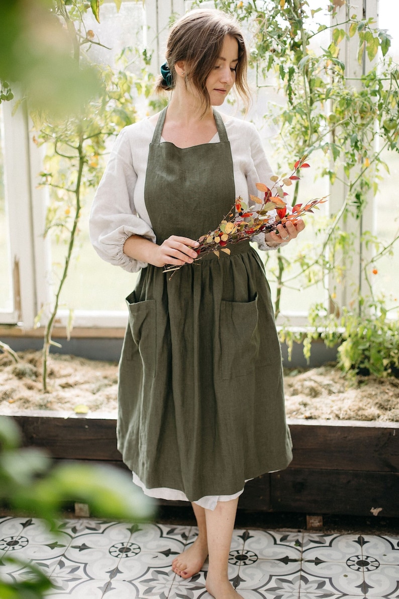 Forest Green Natural Linen Pinafore Apron, Vintage Style, Apron for ...