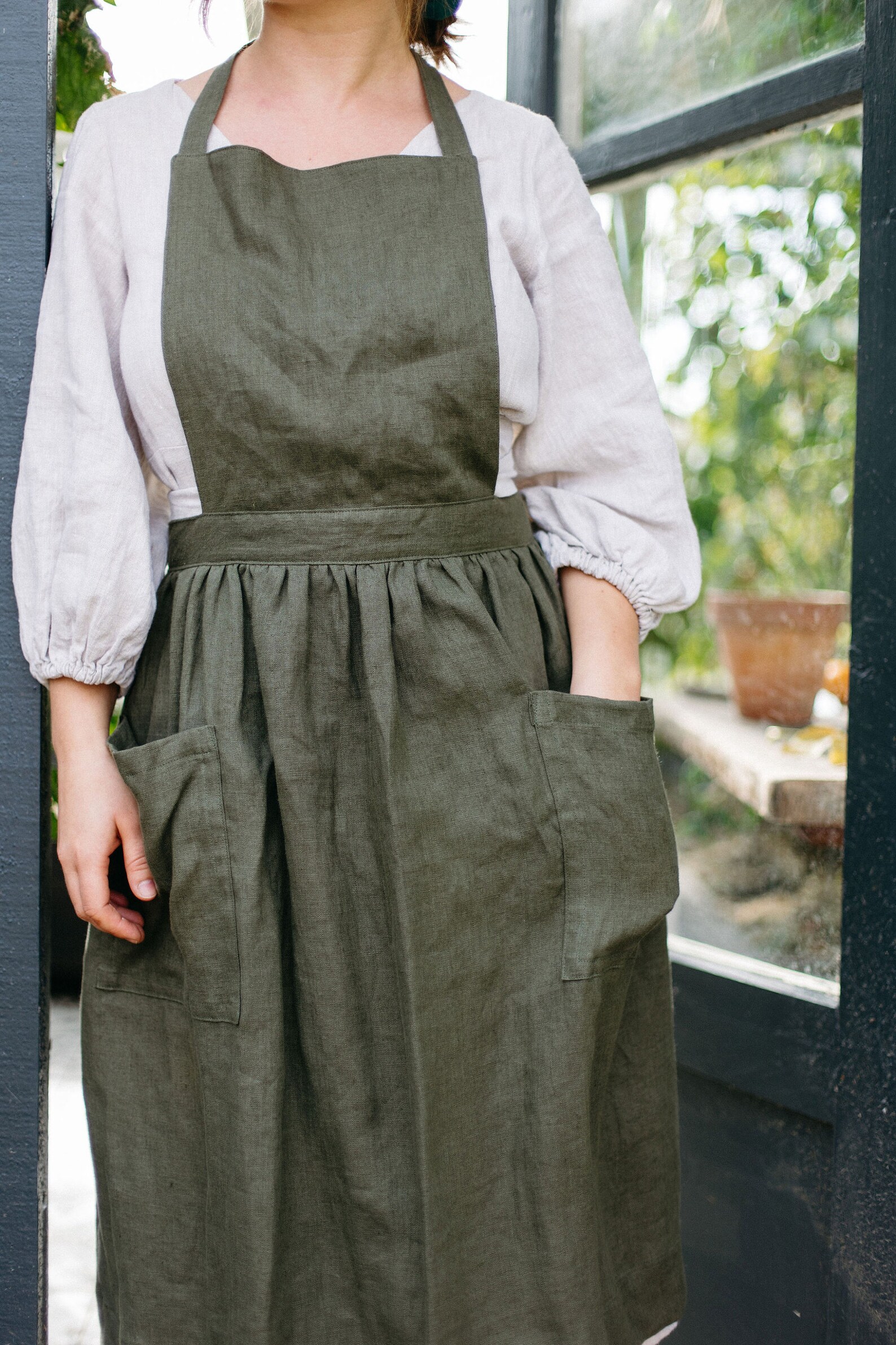 Forest Green Natural Linen Pinafore Apron, Vintage Style, Apron for ...
