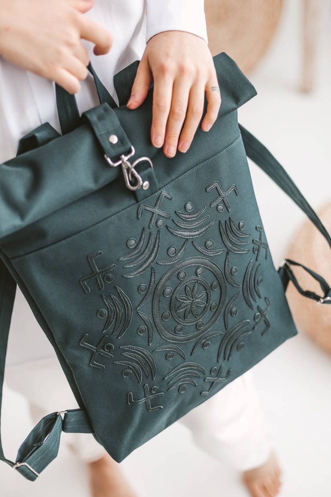 Emerald Green Backpack, Modern Roll Top Rucksack, Bohemian Waterproof ...