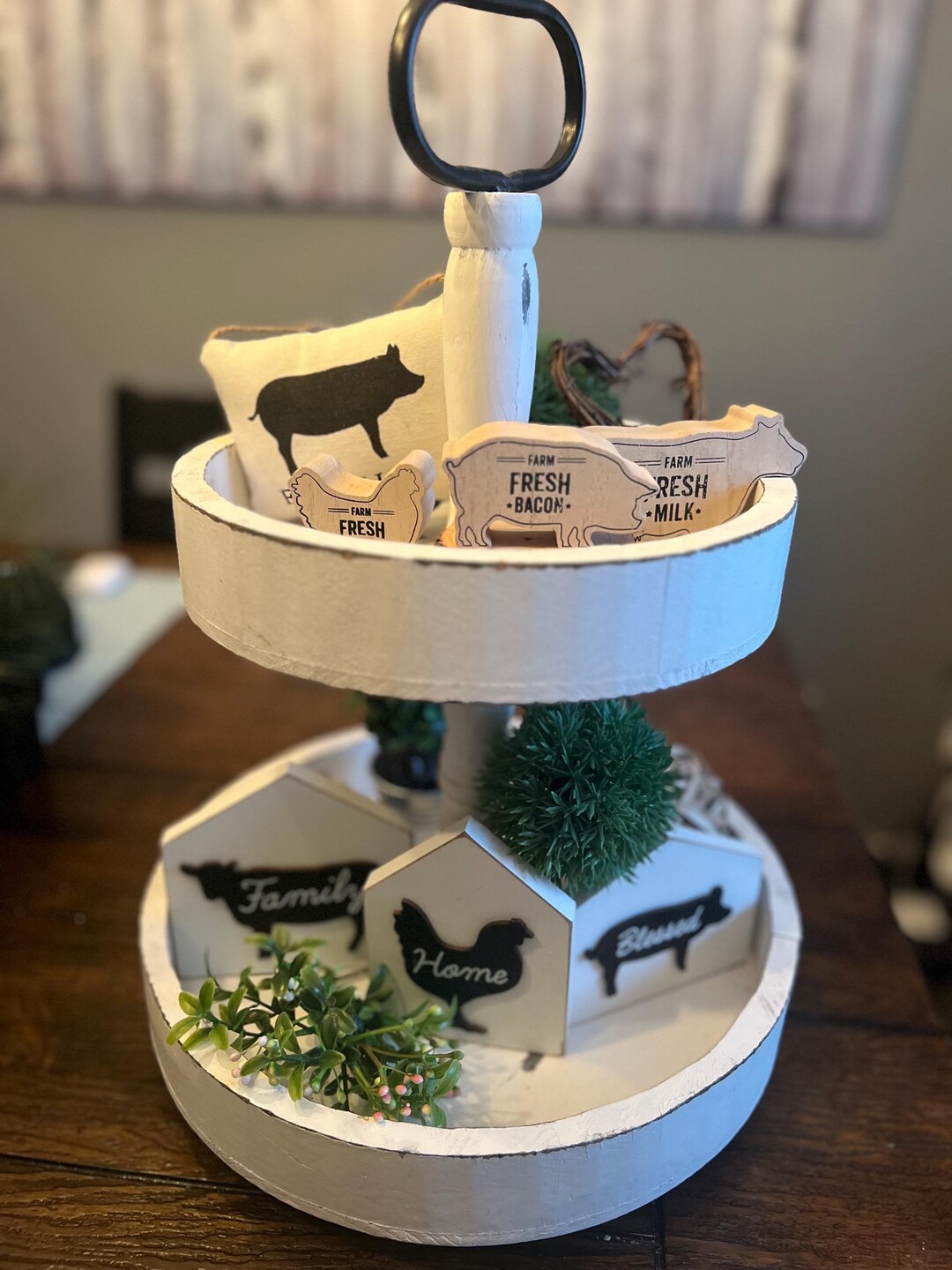 Farmhouse Tiered Tray Decor: Wooden Animal & House Set - Etsy