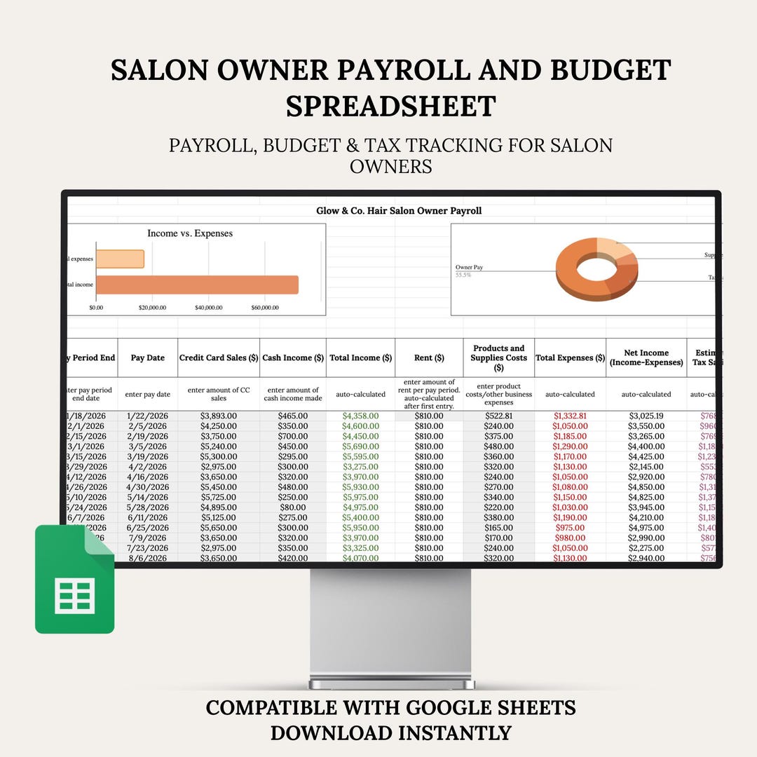 Salon Owner Payroll Spreadsheet | Hair Stylist Budget & Tax Tracker ...