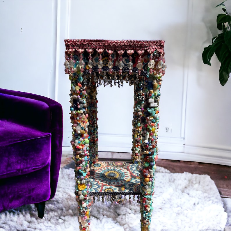 Hand-beaded Accent Table – Boho Statement Piece With Eclectic Beadwork ...