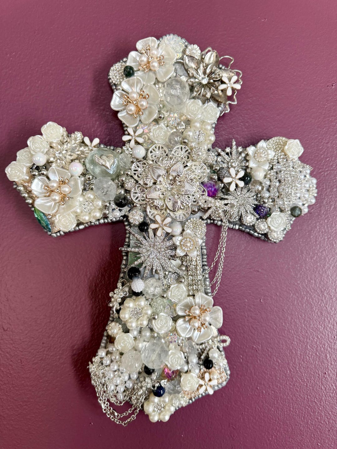 Heirloom Beaded Wall Cross – Repurposed Vintage Jewelry, Silver Riches ...