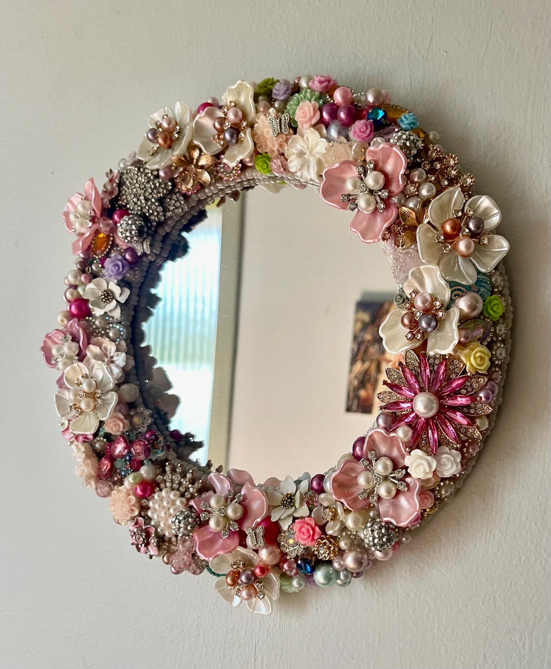 Pretty and Shiny Round Accent Mirror, Pink and Ivory Beaded Mirror ...