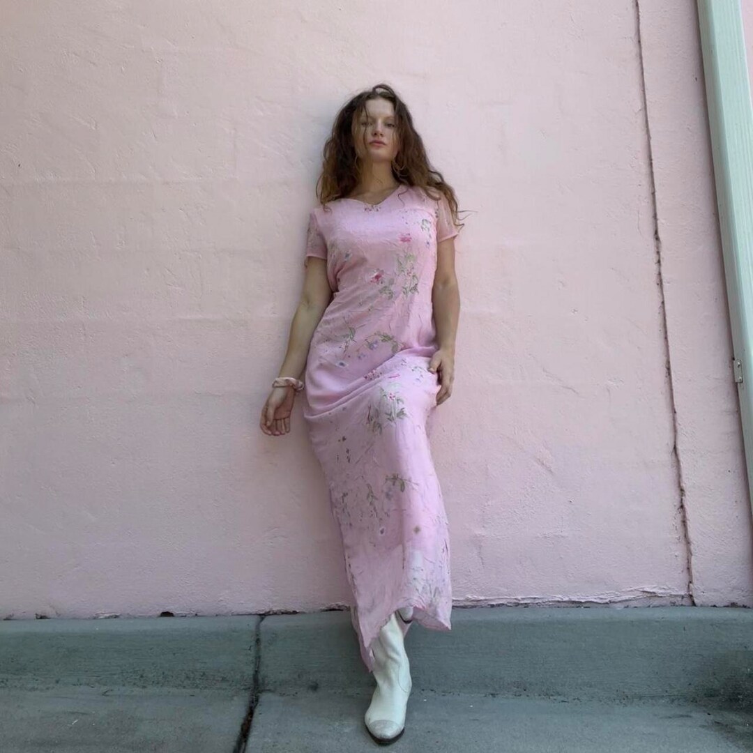 Vintage Blossom Darling: 90s Pastel Pink Maxi Dress With - Etsy