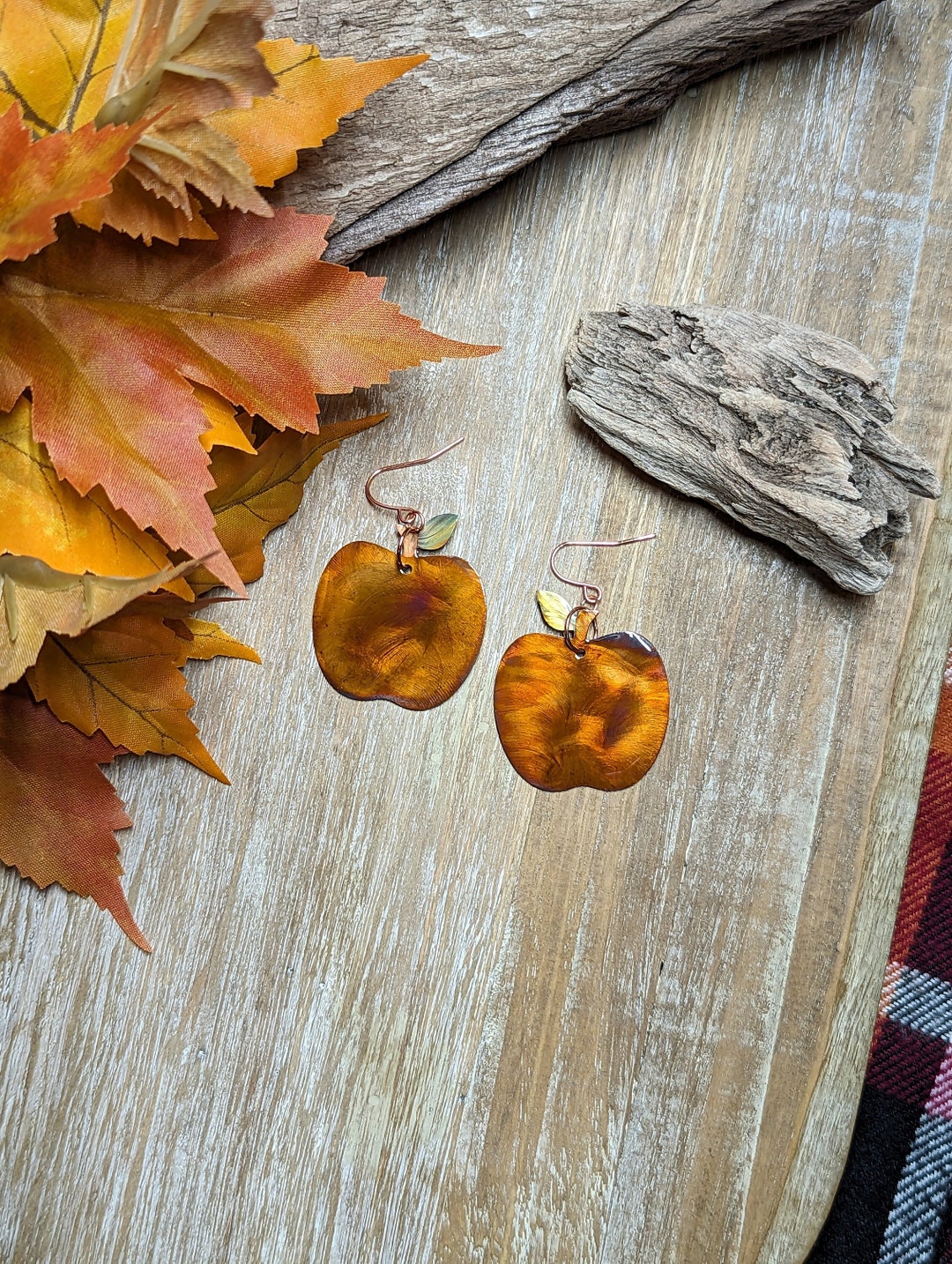 Apple Flame Painted Copper Dangle Earrings - Etsy