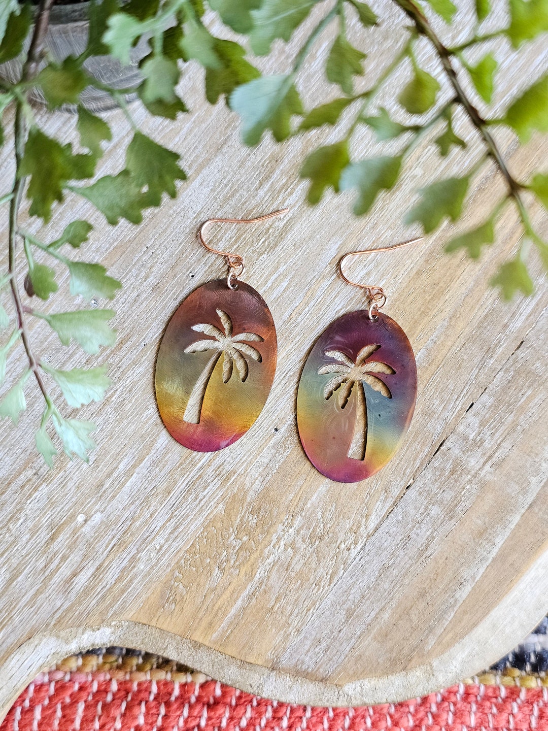 Palm Tree Silhouette Dog Tag Earrings/flame Painted Copper Tropical ...