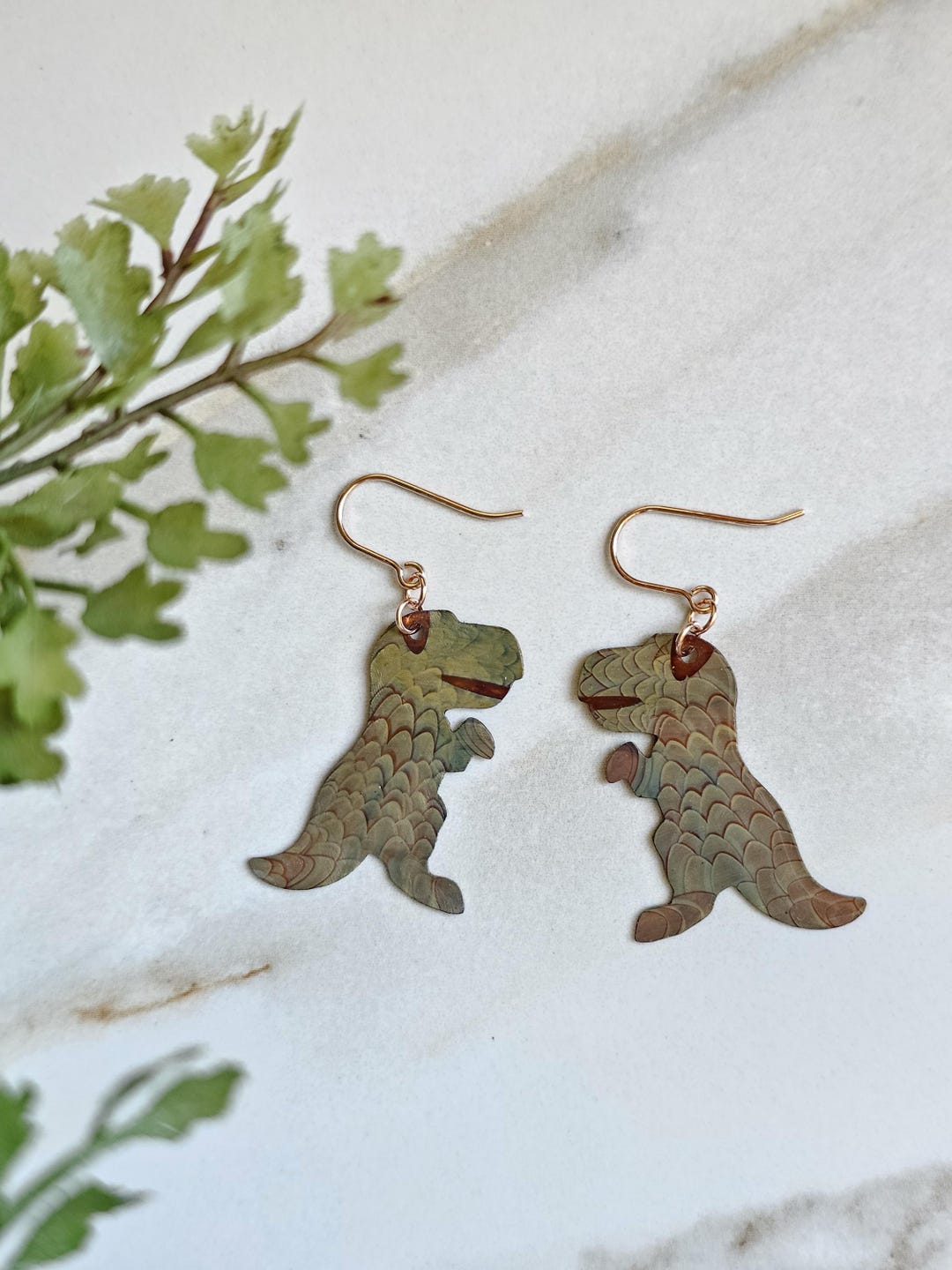 T-rex Dangle Earrings/flame Painted Copper Dinosaur Earrings - Etsy