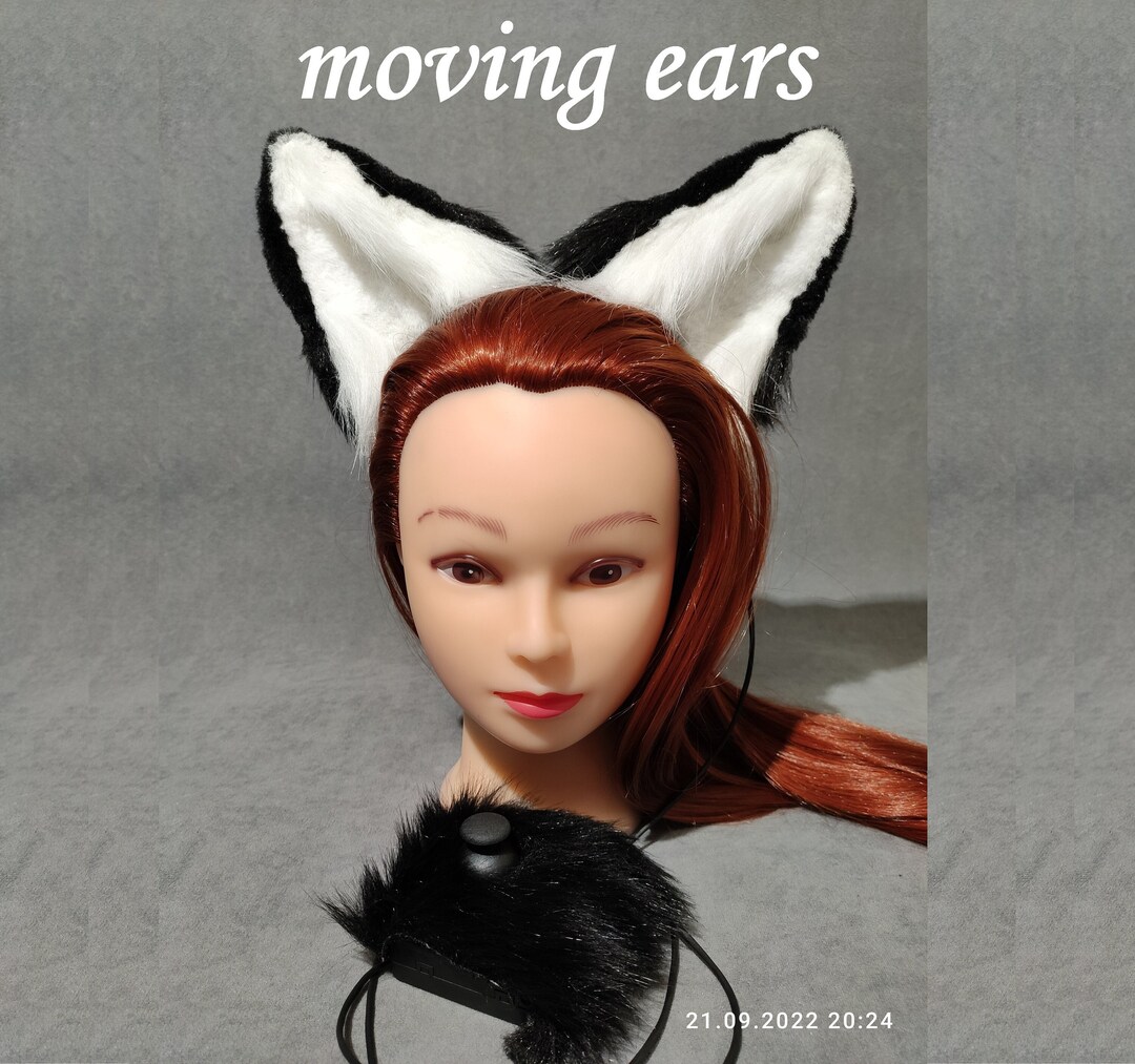 Black and White Movable Wolf Ears "cutefurears" Made of Faux Fur on a ...