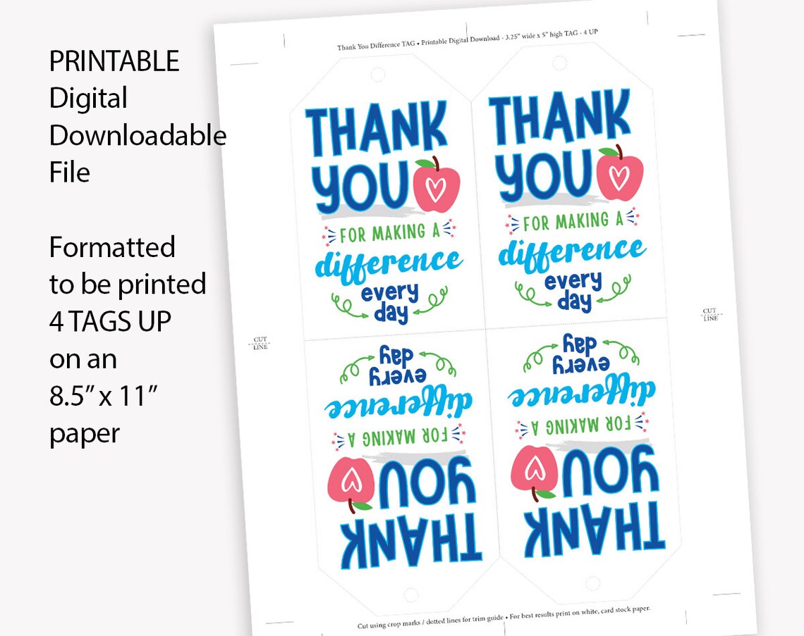 PRINTABLE Thank You for Making a Difference TAG, End of the Year ...