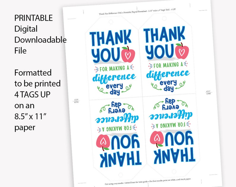 PRINTABLE Thank You for Making a Difference TAG, End of the Year ...
