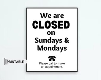 Closed on Monday Sign - Etsy