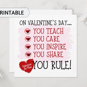 PRINTABLE Valentine's Day CARD for Teacher, Valentine Card for Teacher ...