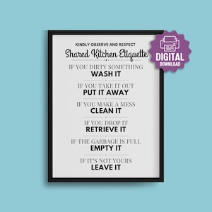 PRINTABLE Kitchen Etiquette SIGN, Shared Kitchen Guidelines, Workplace ...