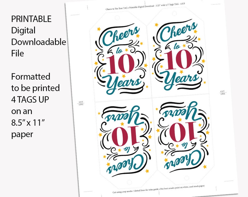 PRINTABLE Cheers to 10 Years GIFT TAG, 10 Year Work Anniversary, Office ...