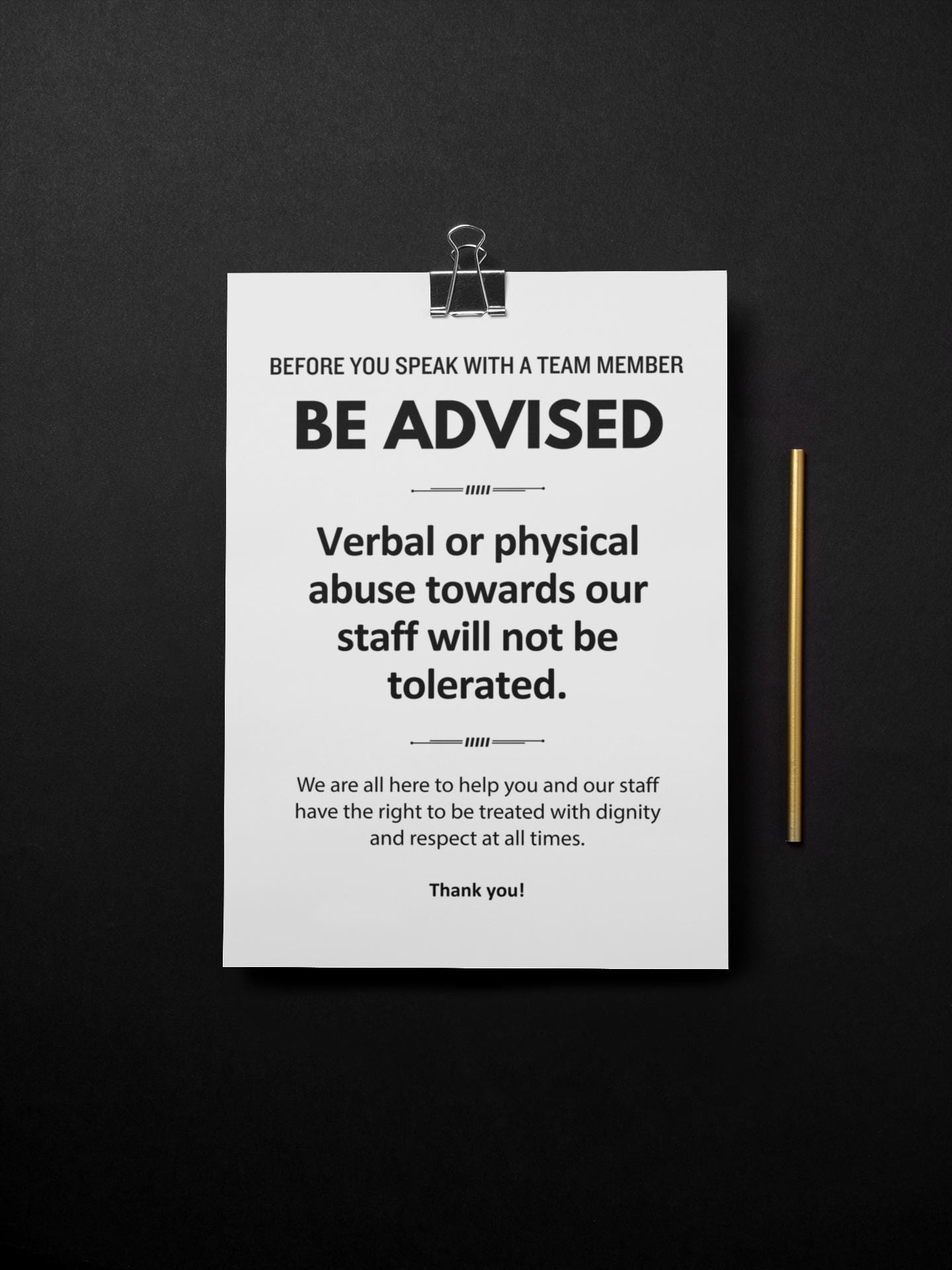 PRINTABLE Customer Behaviour Policy SIGN, Be Advised No Verbal Abuse ...