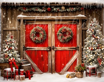 Christmas Digital Background Photography, Red Barn Farm on Snow Winter With Christmas Trees ...