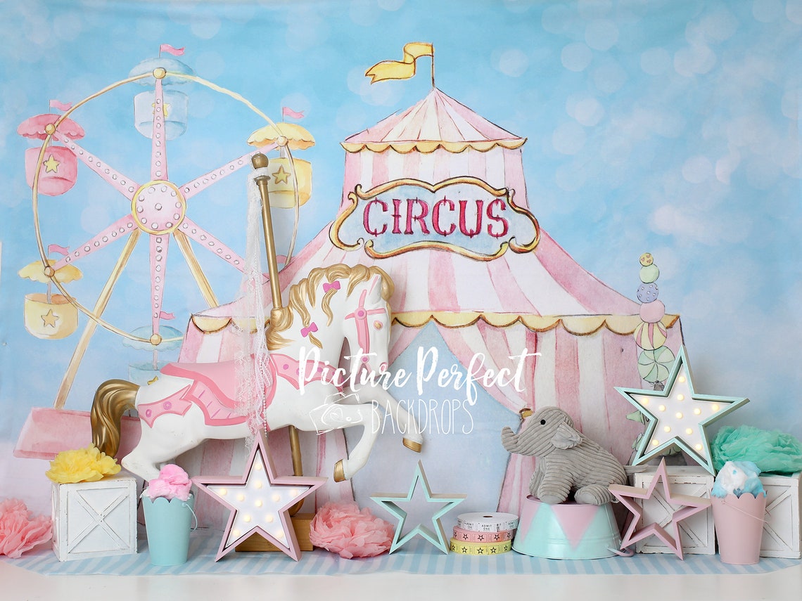 Pink Circus Carousel Backdrop with Props Printed on the Backdrop - Etsy