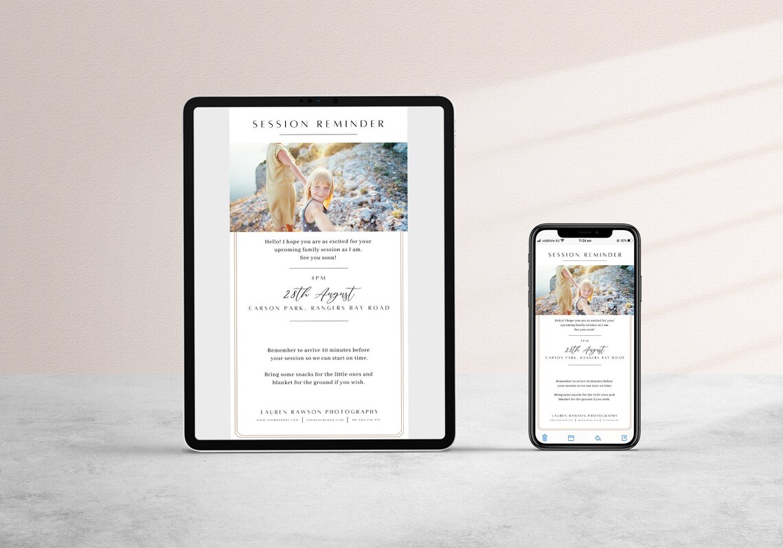 Session Reminder Templates for Photography, Customisable Session ...