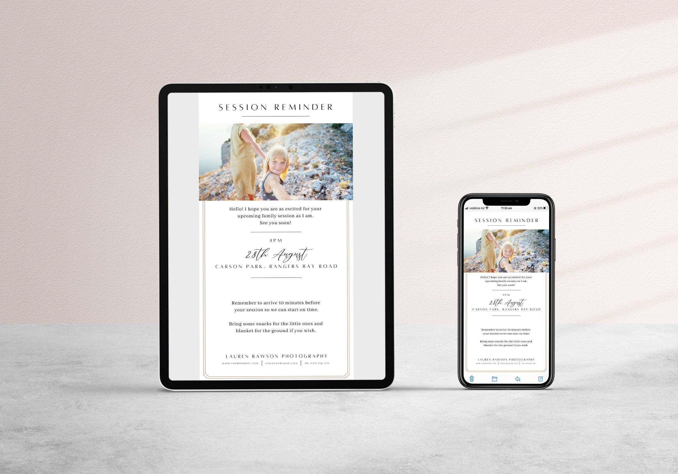 Session Reminder Templates for Photography, Customisable Session ...