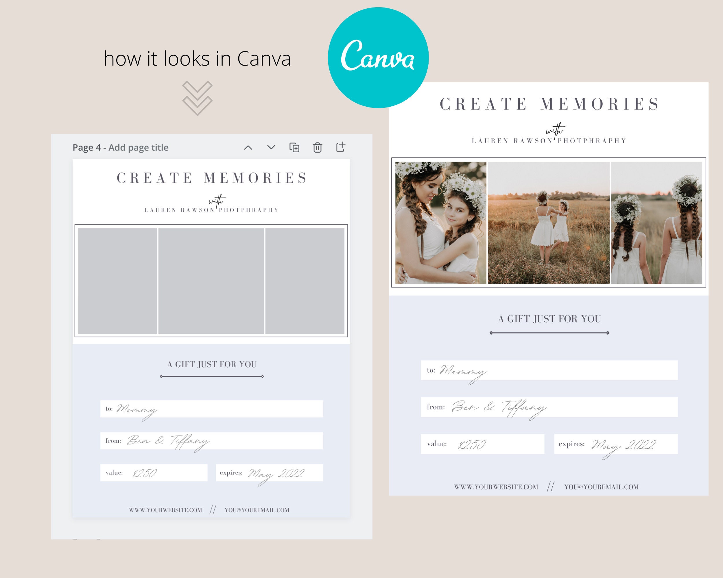 Email Gift Certificate for Photographers, E Gift Card for Portrait ...