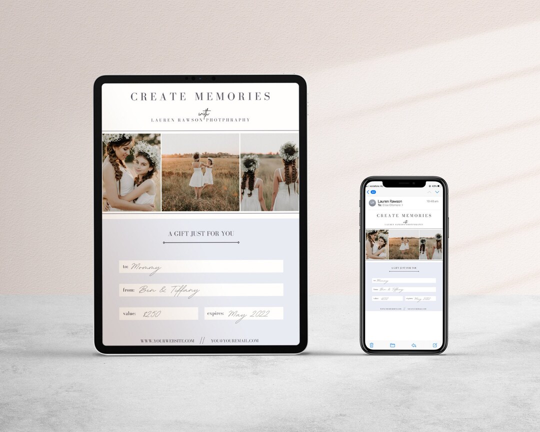 Email Gift Certificate for Photographers, E Gift Card for Portrait ...