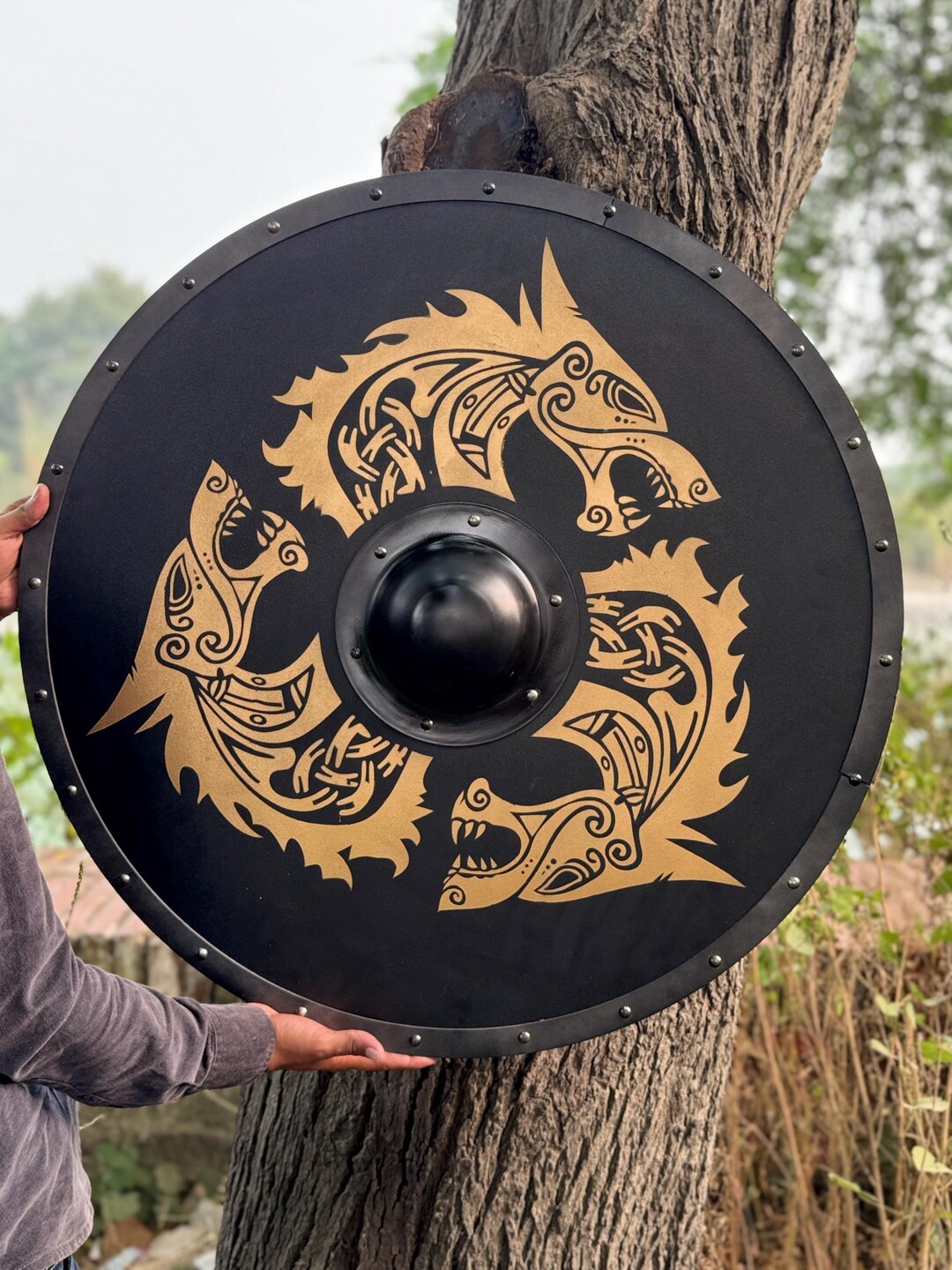 Wall Decor Wooden Viking Shield | Fenrir Golden Wolf Norse Shield ...