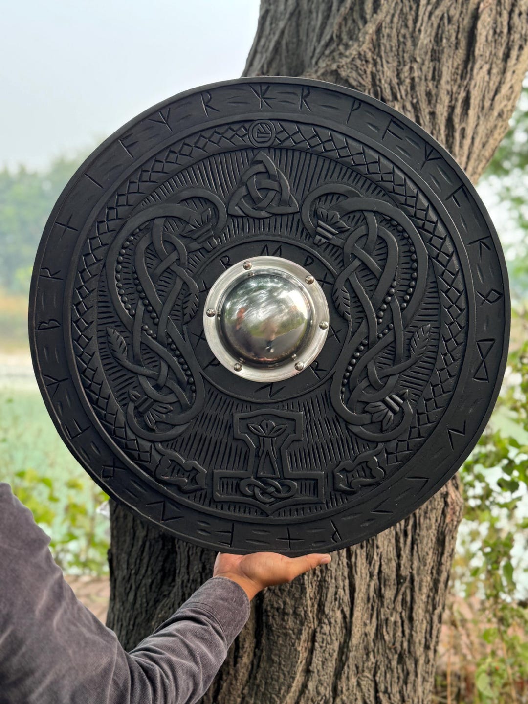 Black Finish Viking Warriors Norse Shield With Carved Round Celtic ...