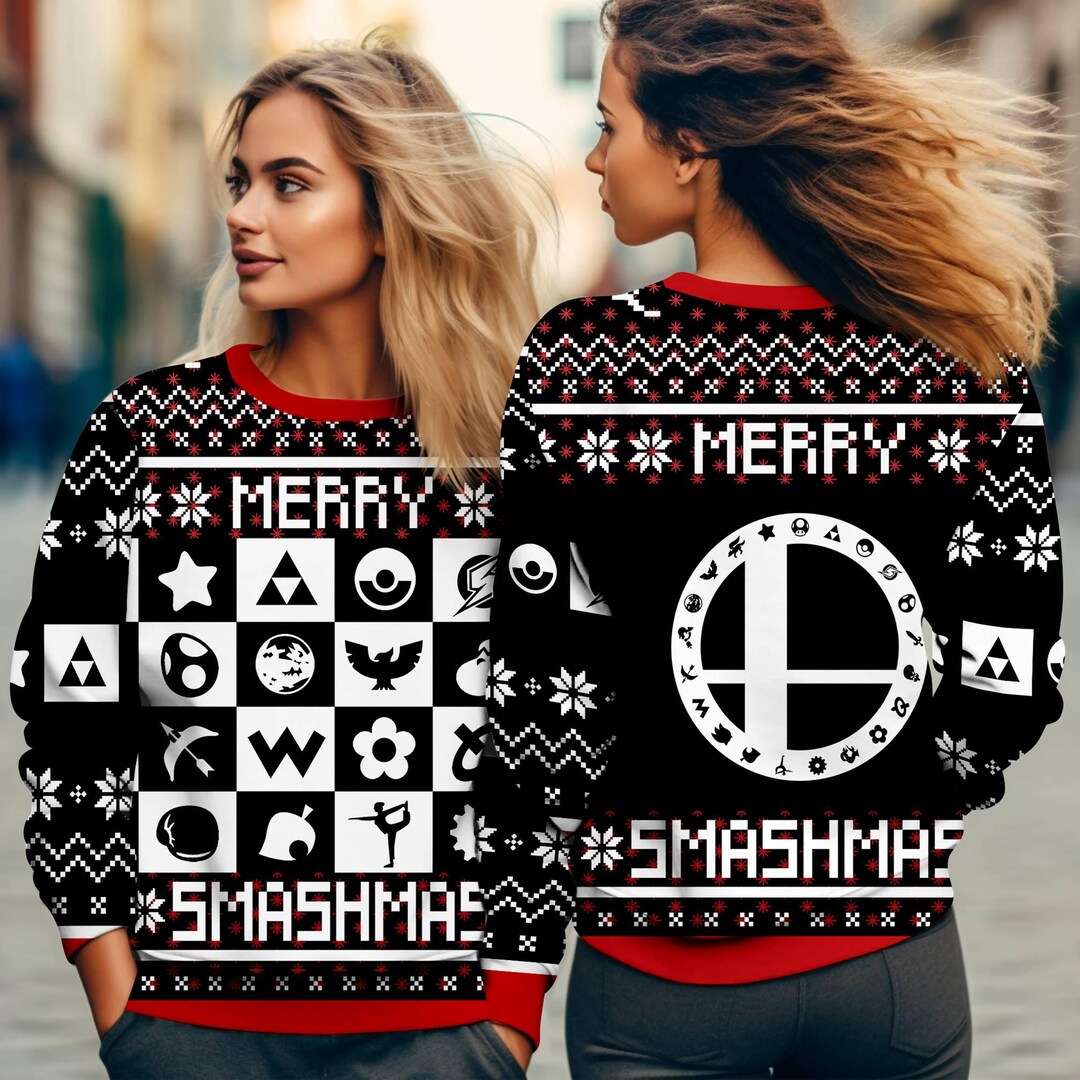 Super Smash Bros Ugly Christmas Sweatshirt Mario Zelda Link Pink Kirby ...