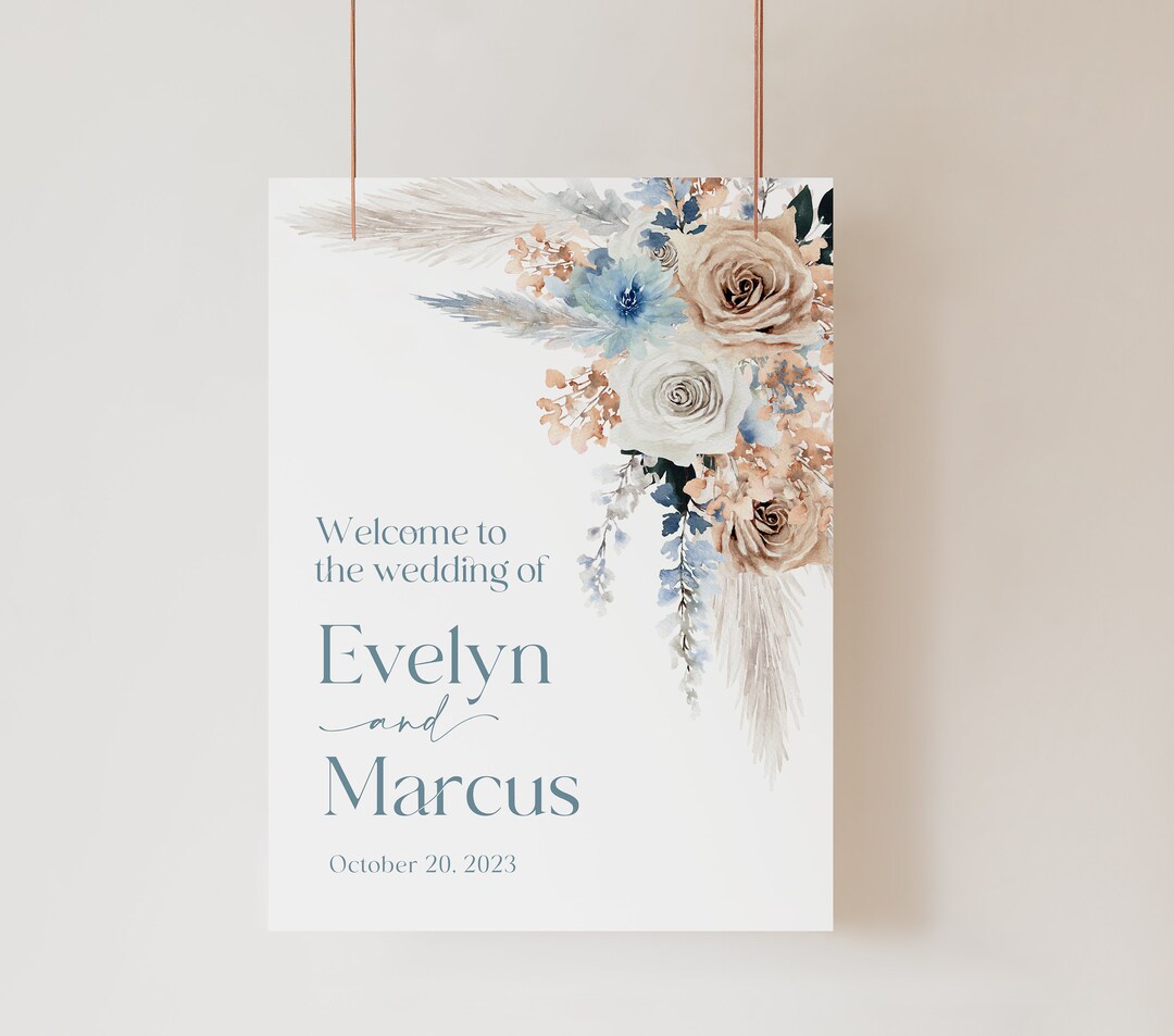 Dusty Blue Boho Wedding Welcome Sign Editable Template, Bohemian ...
