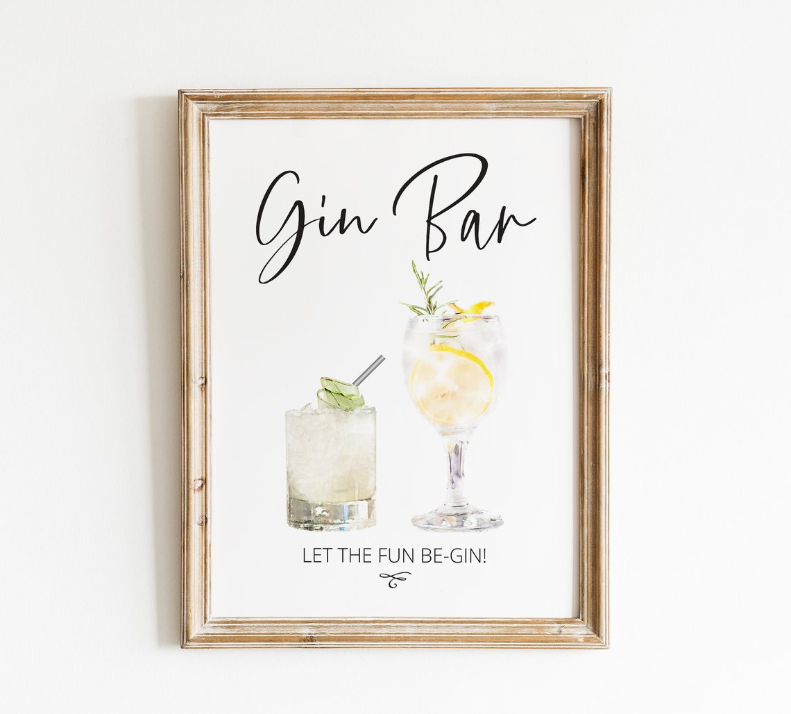 Gin Bar Sign Party Bar Sign Watercolor Cocktail Sign Gin | Etsy