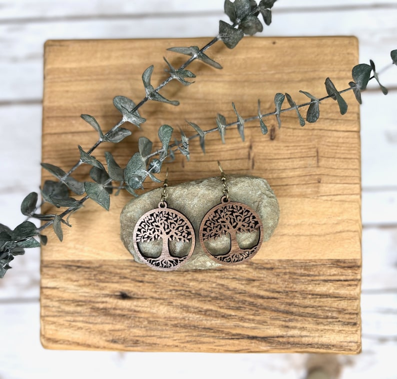 Tree of Life Wood Earrings | Wooden Tree Earrings | Wood Dangle ...