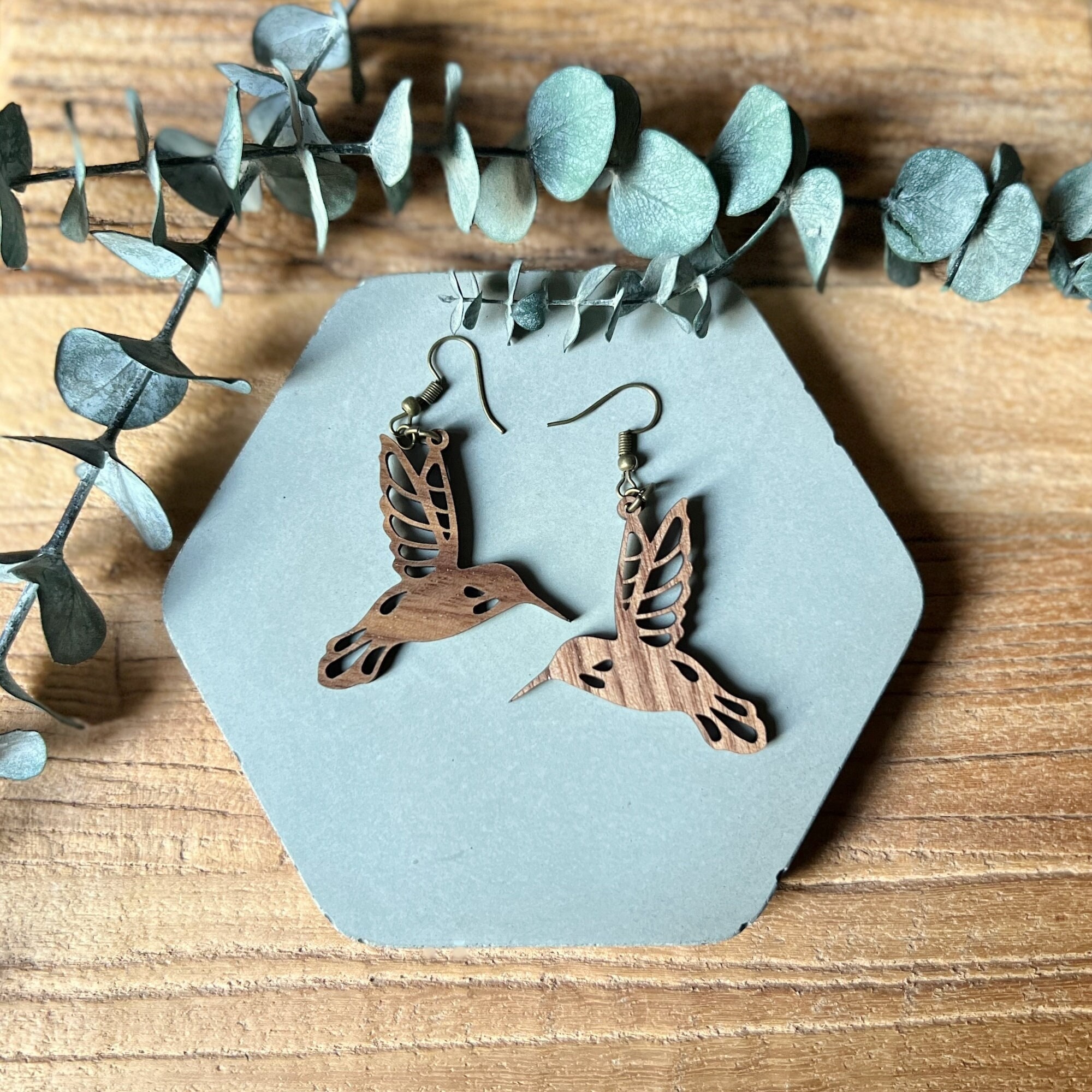 Wood Hummingbird Earrings Natural Walnut Wood Dangle Earrings Gift for ...