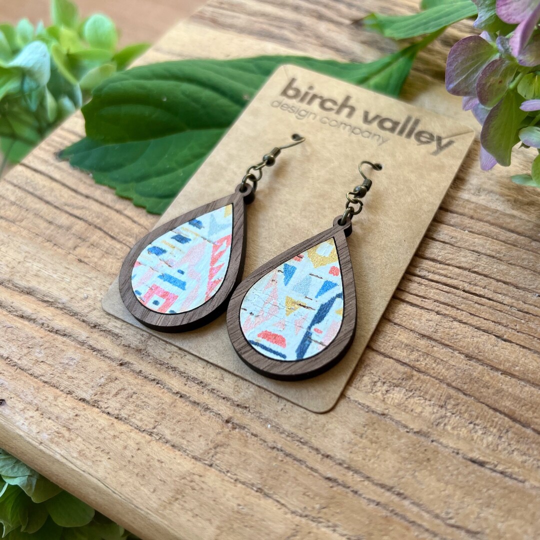 Aztec Desert Wood and Cork Teardrop Earrings | Southwest Jewelry | Boho ...