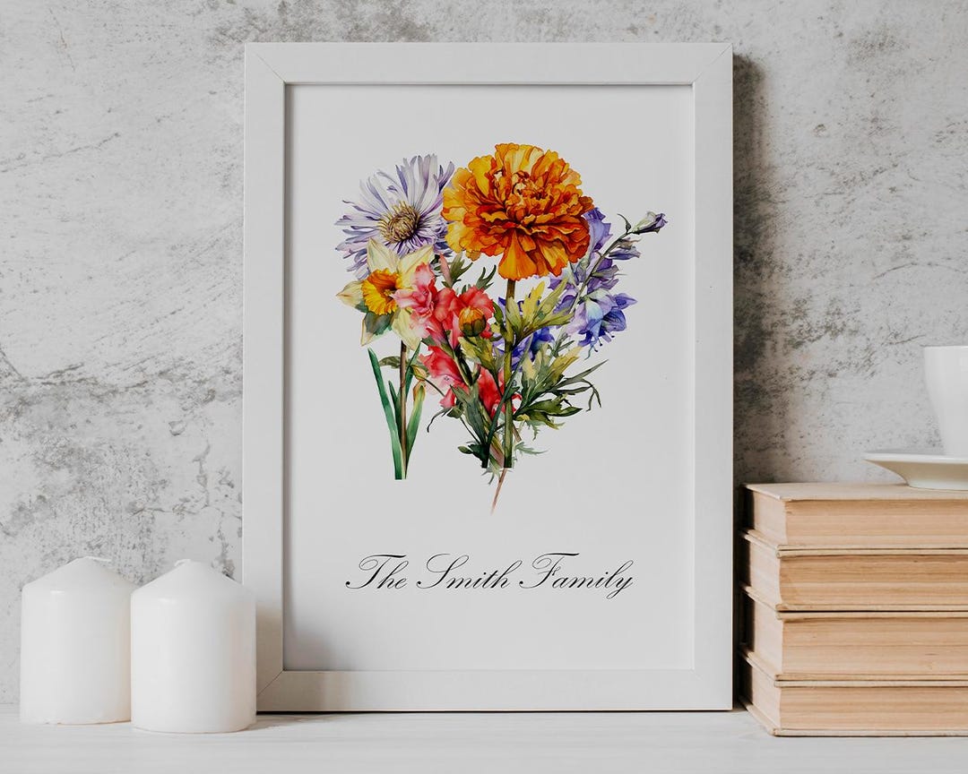 Family Name Birth Flower Art Personalised Floral Wall Print Custom Gift ...
